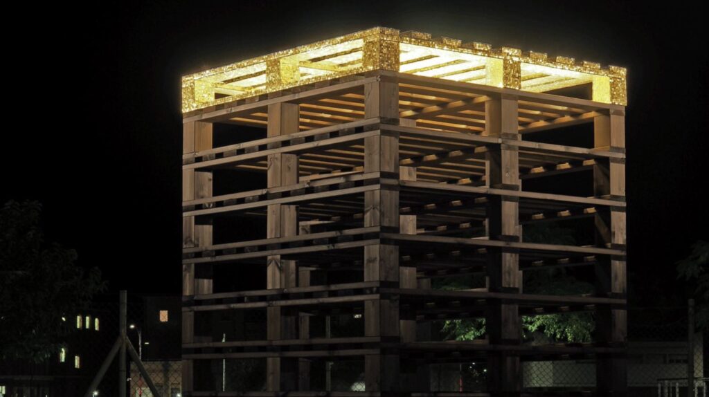 In Darsena spunta una torre di pallet "dorata": nuova scultura di Marco ...